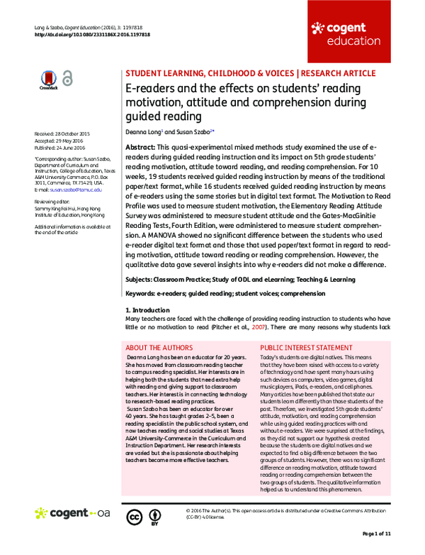 (PDF) Impact of E-Readers on 5th Graders' Reading