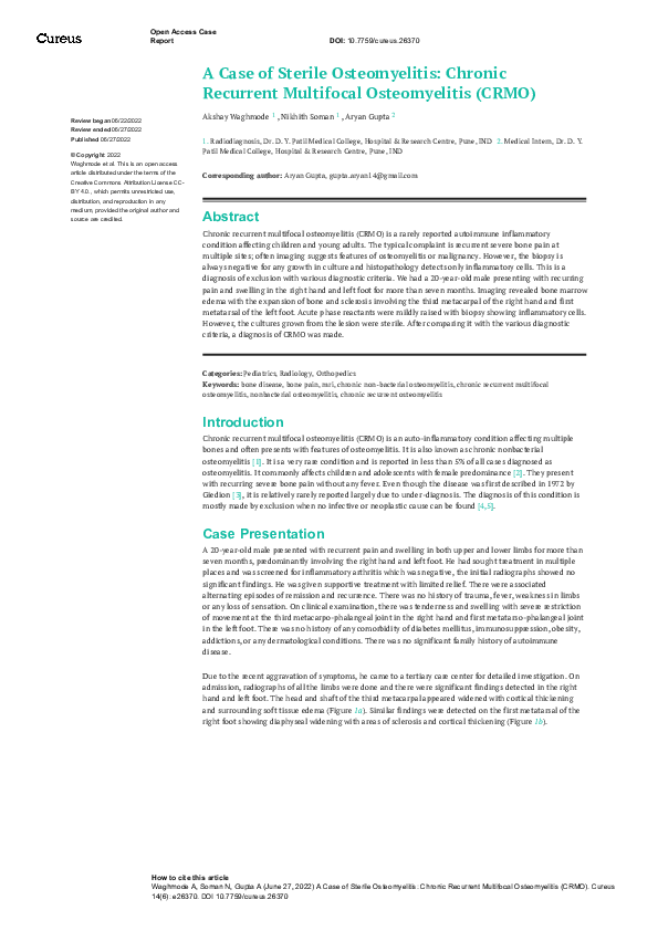 (PDF) A Case of Sterile Osteomyelitis: Chronic Recurrent Multifocal ...