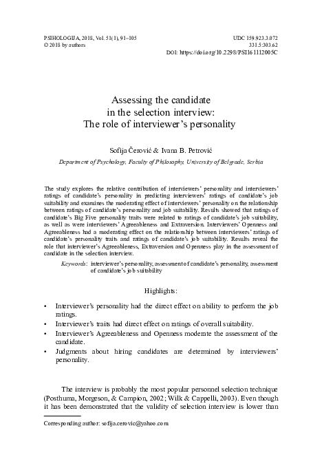 (PDF) Assessing the candidate in the selection interview: The role of interviewer’s personality ...