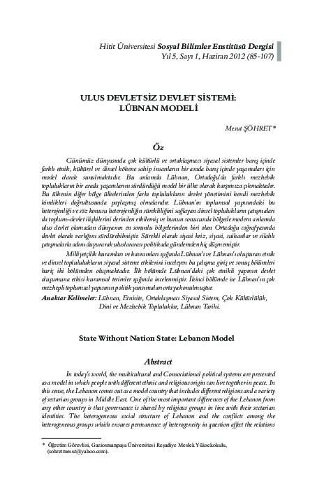 (PDF) ULUS DEVLETSİZ DEVLET SİSTEMİ: LÜBNAN MODELİ