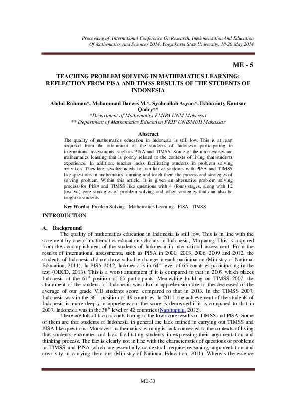 (PDF) Teaching Problem Solving in Mathematics Learning:Reflection from Pisa and Timss Results of ...