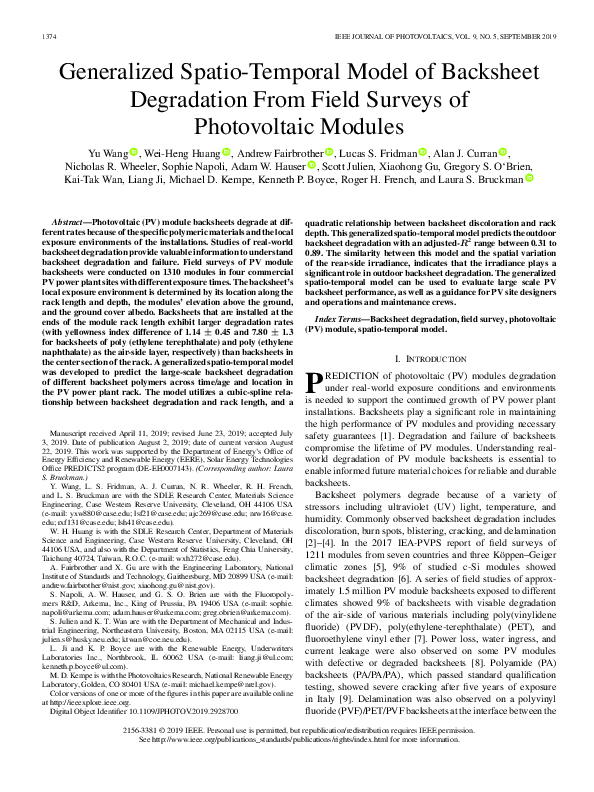 Pdf Generalized Spatio Temporal Model Of Backsheet Degradation From
