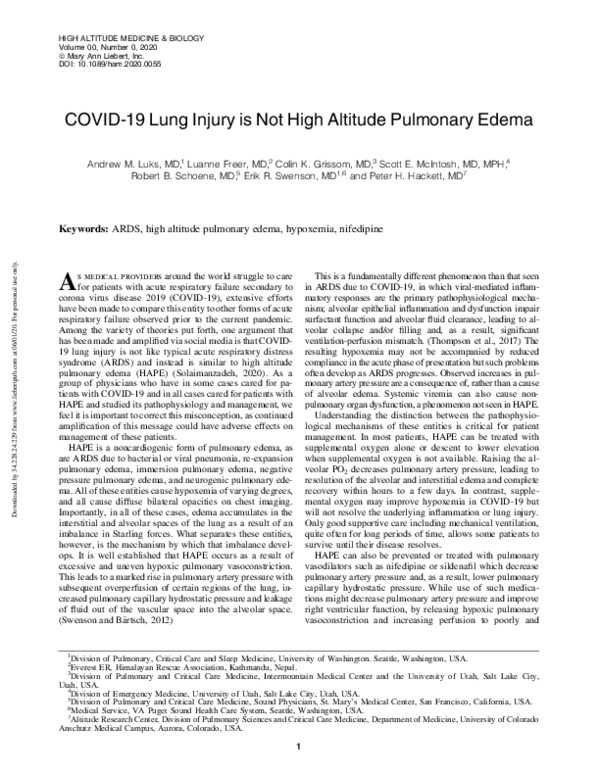 (PDF) COVID-19 Lung Injury is Not High Altitude Pulmonary Edema