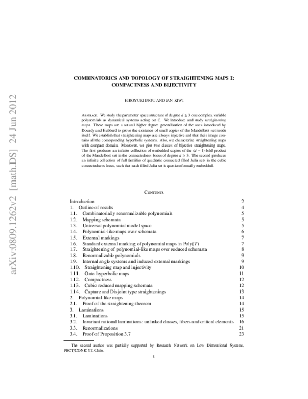 (PDF) Combinatorics and topology of straightening maps I: compactness and bijectivity
