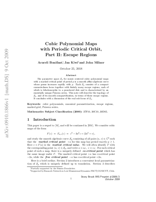 (PDF) Cubic Polynomial Maps with Periodic Critical Orbit, Part II: Escape Regions