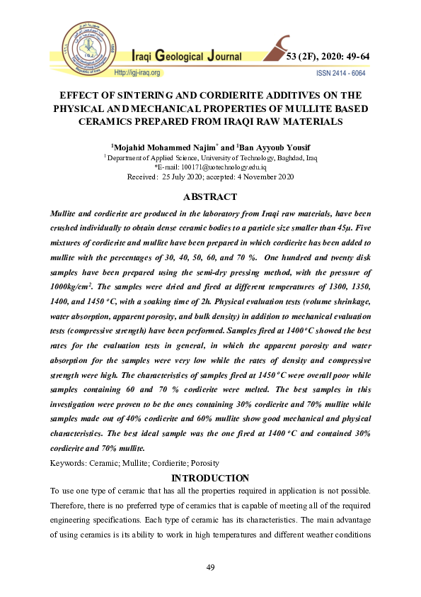 (PDF) Effect of Sintering and Cordierite Additives on the Physical and Mechanical Properties of ...