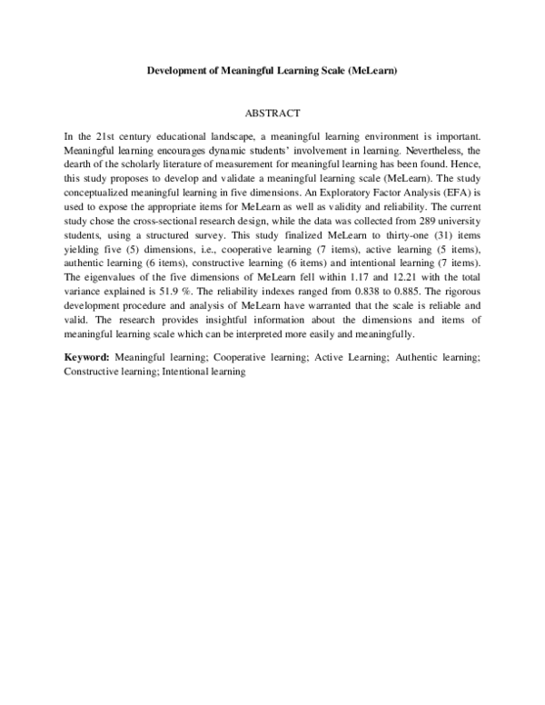 (PDF) Development of Meaningful Learning Scale (MeLearn)