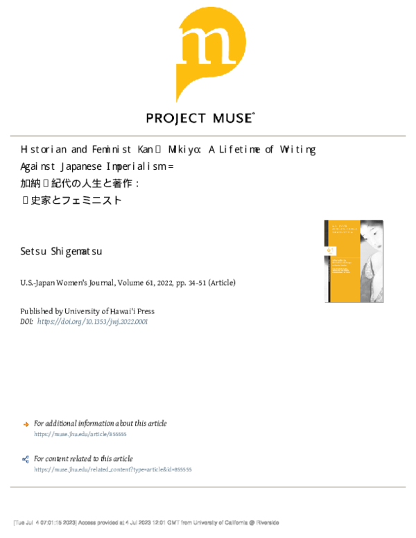 (PDF) Historian and Feminist Kanō Mikiyo: A Lifetime of Writing Against ...