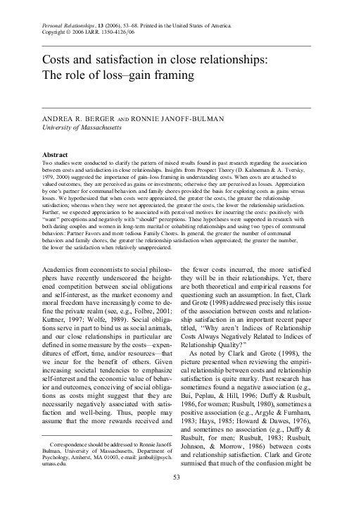 (PDF) Costs and satisfaction in close relationships: The role of loss ...