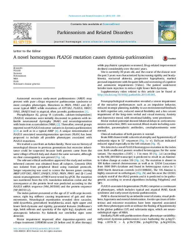 (PDF) A novel homozygous PLA2G6 mutation causes dystonia-parkinsonism ...