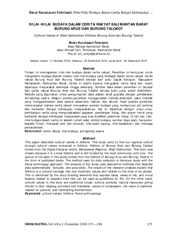 (PDF) NILAI-NILAI BUDAYA DALAM CERITA RAKYAT KALIMANTAN BARAT BURUNG ARUE DAN BURUNG TALOKOT ...