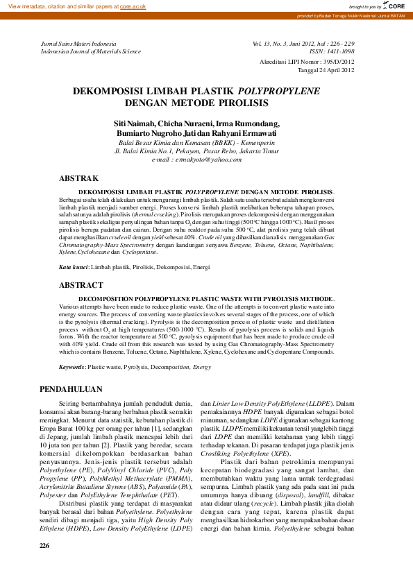(PDF) Dekomposisi Limbah Plastik Polypropylene Dengan Metode Pirolisis