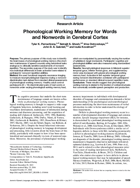 (PDF) Phonological Working Memory for Words and Nonwords in Cerebral Cortex