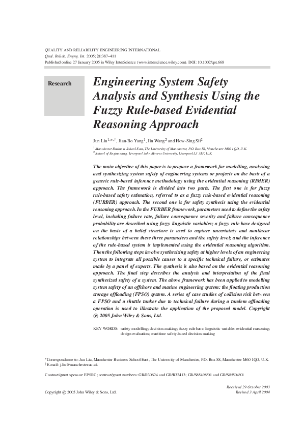 (PDF) Engineering System Safety Analysis and Synthesis Using the Fuzzy Rule-based Evidential ...