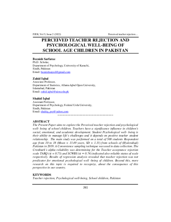 (PDF) PERCEIVED TEACHER REJECTION AND PSYCHOLOGICAL WELL-BEING OF ...