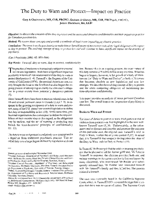 (PDF) Duty to Warn and Protect in Psychiatry