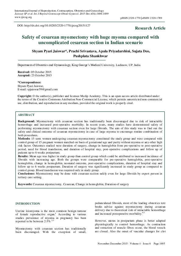 Pdf Safety Of Cesarean Myomectomy With Huge Myoma Compared With