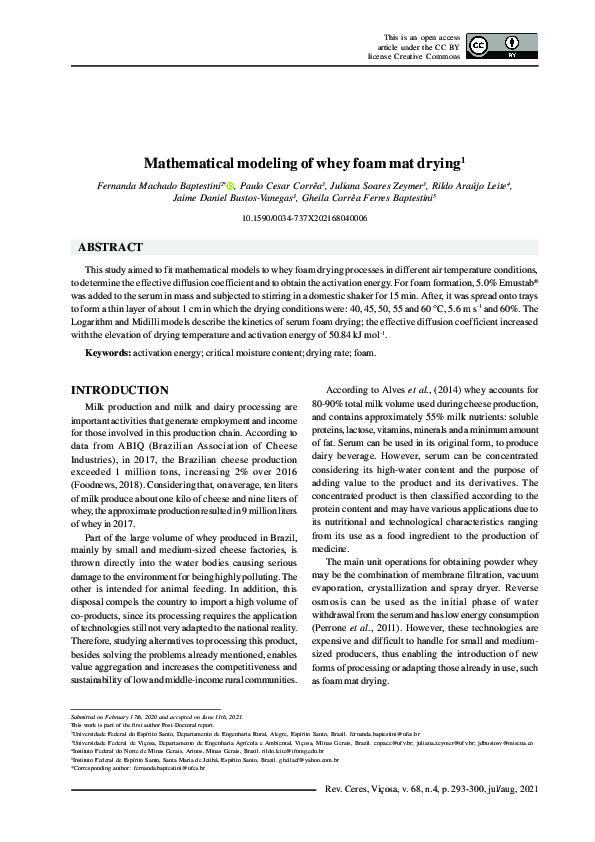 (PDF) Mathematical modeling of whey foam mat drying