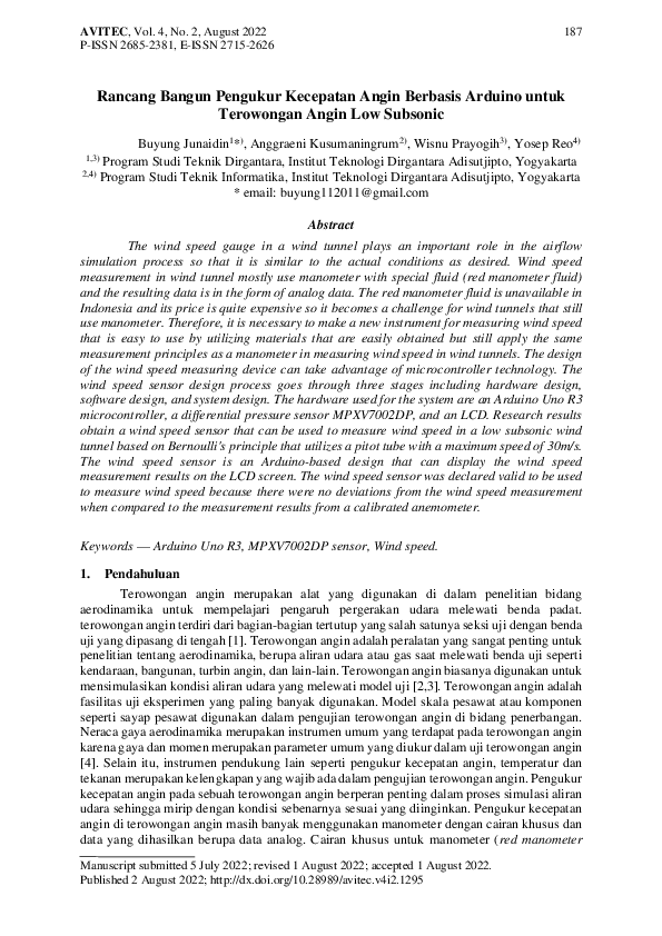 (PDF) Rancang Bangun Sensor Kecepatan Angin Berbasis Arduino untuk Terowongan Angin Low Subsonic