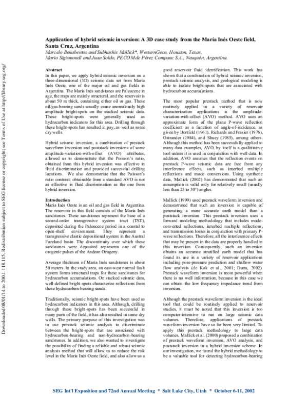 (PDF) Reservoir Description Using Hybrid Seismic Inversion: A 3D Case Study From Maria Ines ...