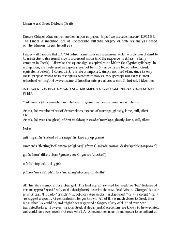 (PDF) Linear A and Greek Dialects (Draft)