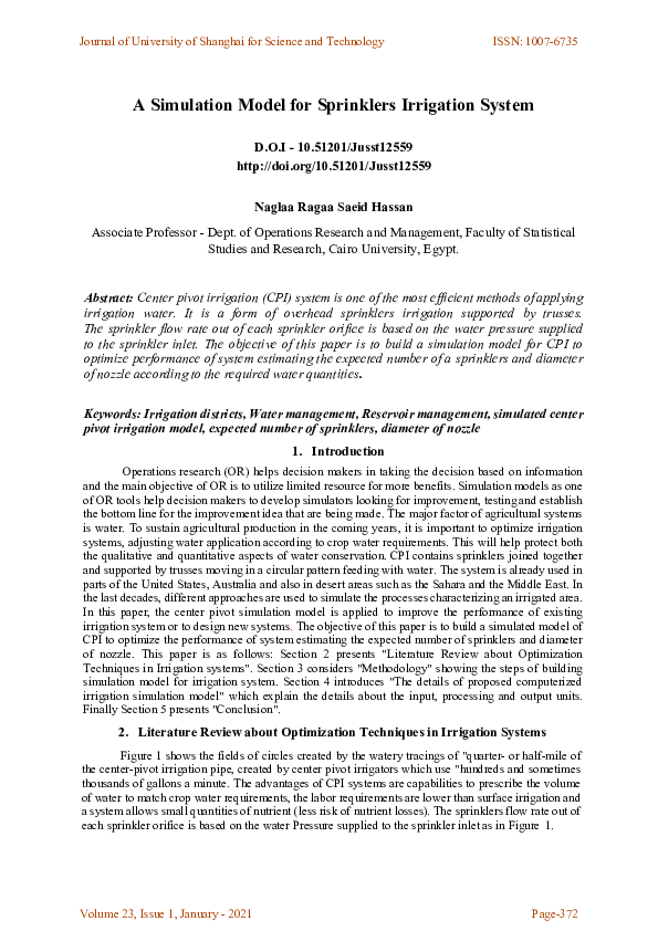 (PDF) A Simulation Model for Sprinklers Irrigation System