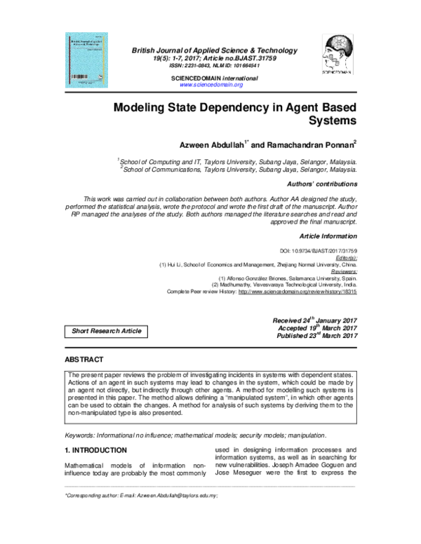 (PDF) Modeling State Dependency in Agent Based Systems