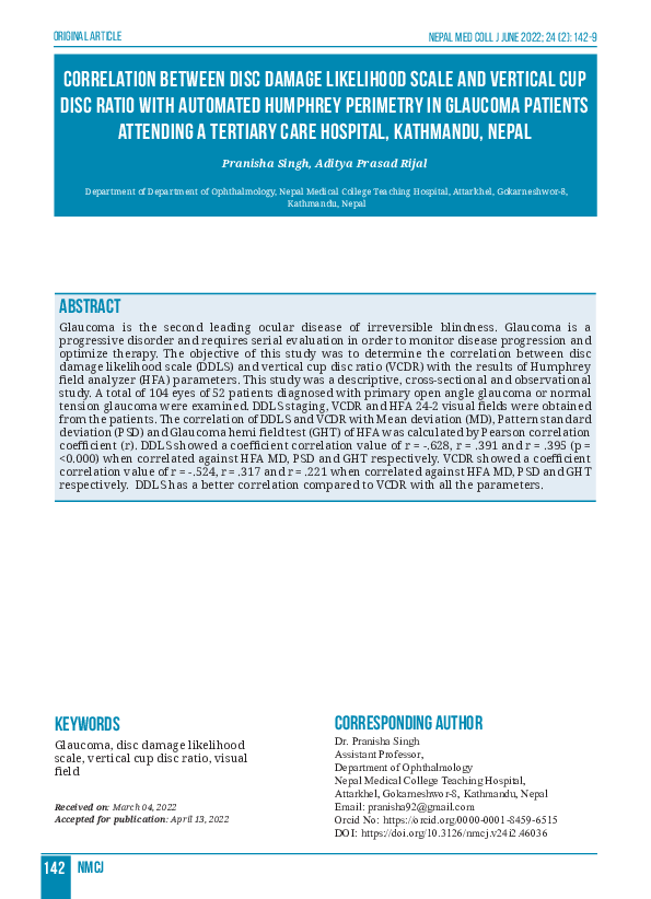 (PDF) Correlation between disc damage likelihood scale and vertical cup disc ratio with ...