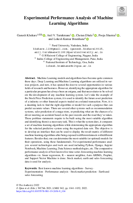 (PDF) Experimental Performance Analysis of Machine Learning Algorithms