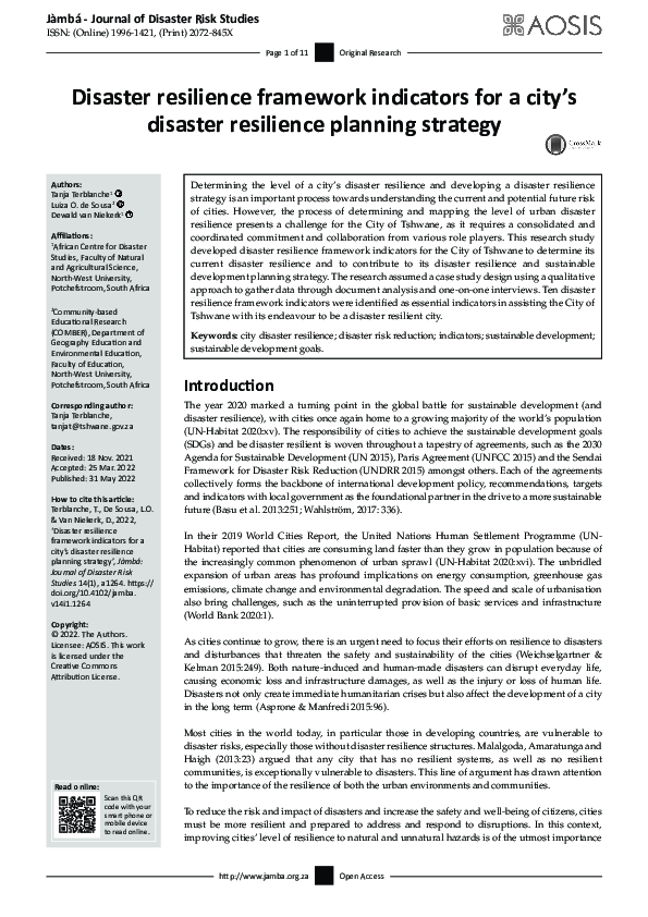 (PDF) Disaster resilience framework indicators for a city’s disaster ...
