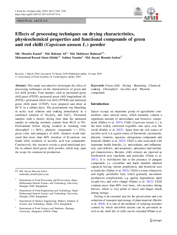 (PDF) Effects of processing techniques on drying characteristics, physicochemical properties and ...