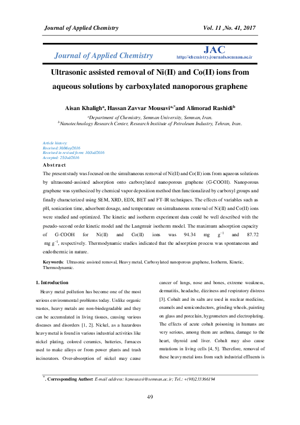 (PDF) Ultrasonic Assisted Removal of Ni (II) and Co (II) Ions from Aqueous Solutions by ...