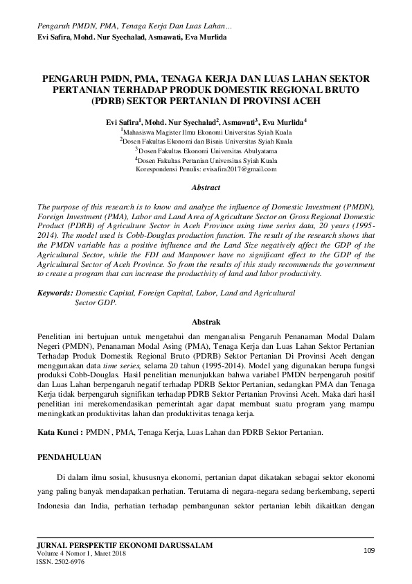 (PDF) Pengaruh PMDN, Pma, Tenaga Kerja Dan Luas Lahan Sektor Pertanian Terhadap Produk Domestik ...