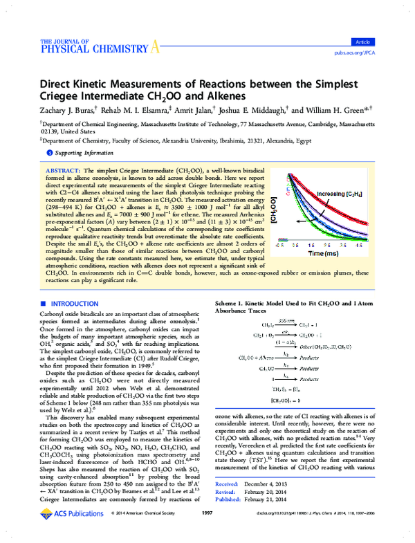 (PDF) Direct Kinetic Measurements of Reactions between the Simplest Criegee Intermediate CH2OO ...
