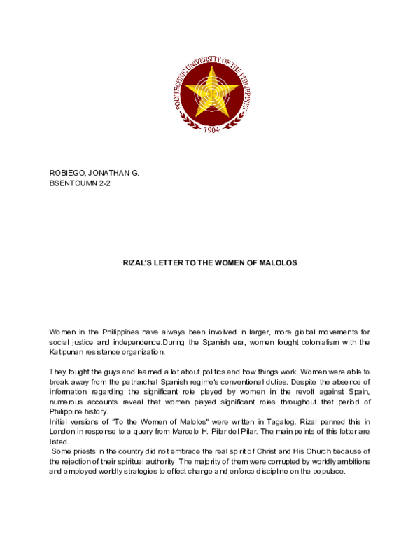 (DOC) RIZAL'S LETTER OF THE WOMEN OF MALOLOS