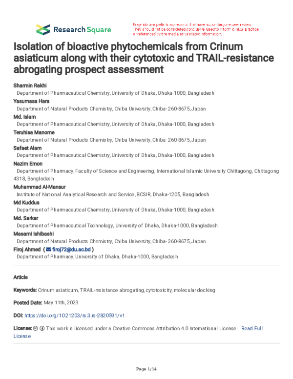 Pdf Isolation Of Bioactive Phytochemicals From Crinum Asiaticum Along With Their Cytotoxic And