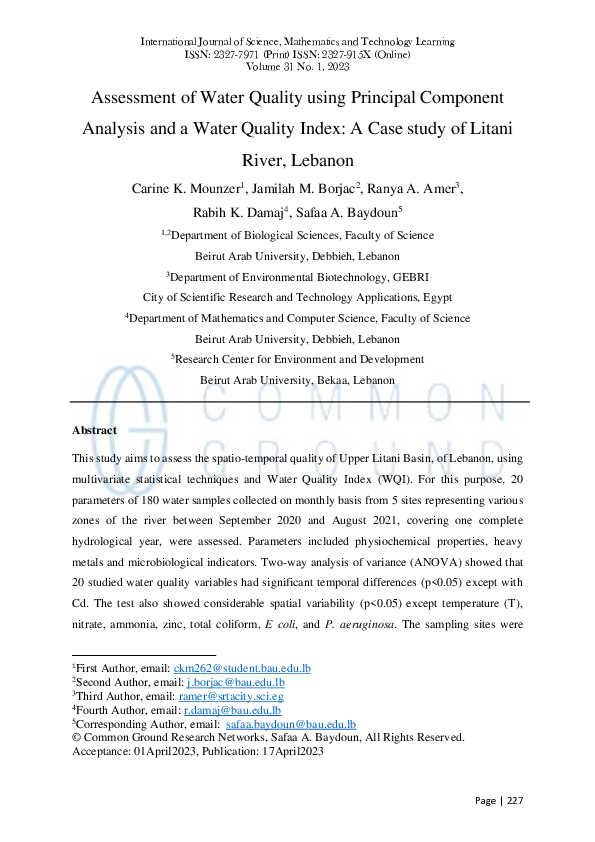 (PDF) Assessment of Water Quality using Principal Component Analysis and a Water Quality Index ...