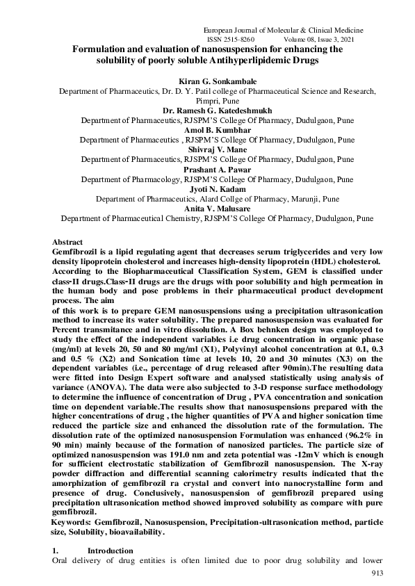 (PDF) Formulation and evaluation of nanosuspension for enhancing the solubility of poorly ...