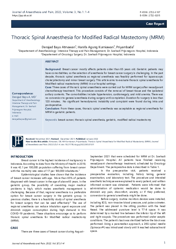 (PDF) Thoracic Spinal Anaesthesia for Modified Radical Mastectomy (MRM)