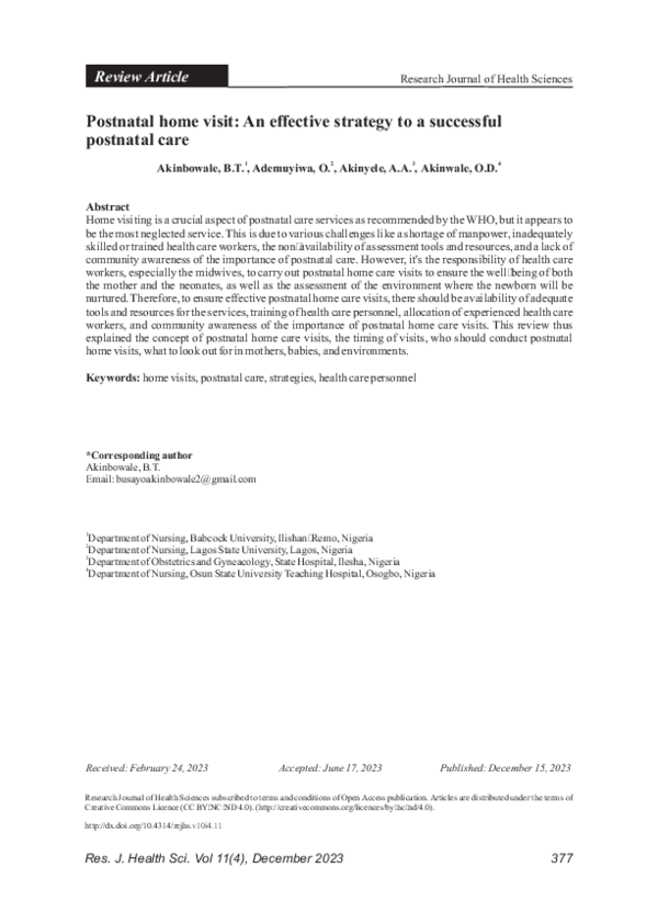 (PDF) Postnatal home visit: An effective strategy to a successful ...