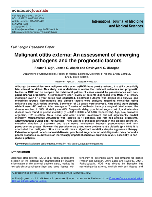(PDF) Malignant otitis externa: An assessment of emerging pathogens and the prognostic factors