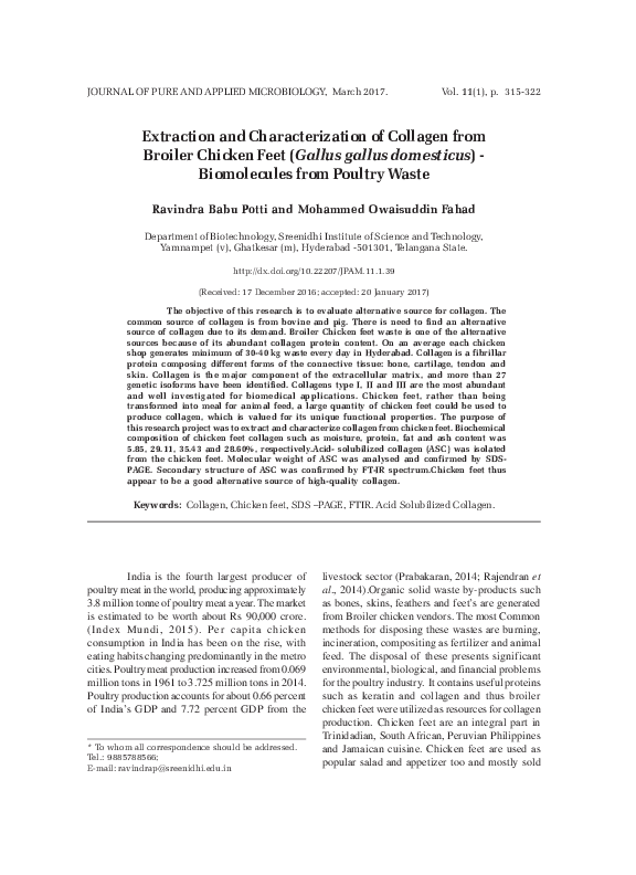 (PDF) Extraction and Characterization of Collagen from Broiler Chicken Feet (Gallus gallus ...