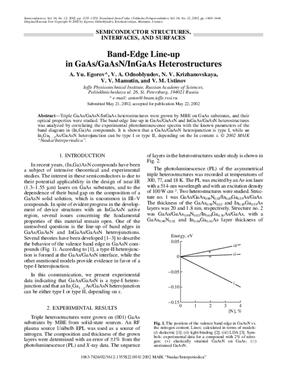 (PDF) Band-edge line-up in GaAs/GaAsN/InGaAs heterostructures