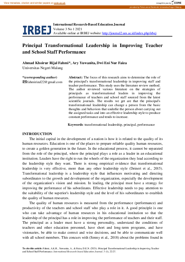 (PDF) Principal Transformational Leadership in Improving Teacher and ...
