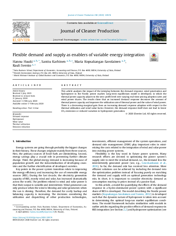 (PDF) Flexible demand and supply as enablers of variable energy integration