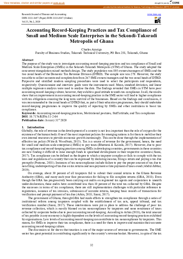 (PDF) Accounting Record-Keeping Practices and Tax Compliance of Small and Medium Scale ...