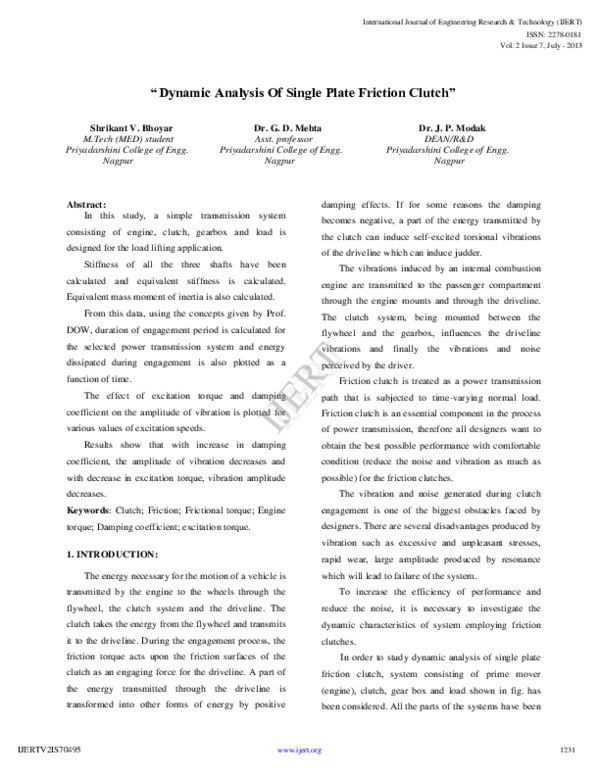 (PDF) Dynamic Analysis Of Single Plate Friction Clutch