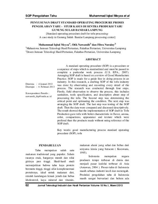 (PDF) Penyusunan Draft Standard Operating Procedure Proses Pengolahan ...