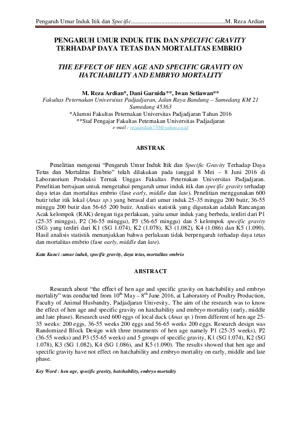 (PDF) Pengaruh Umur Induk Itik Dan Specific Gravity Terhadap Daya Tetas ...