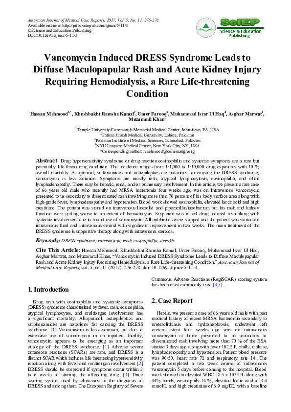 (PDF) Vancomycin Induced DRESS Syndrome Leads to Diffuse Maculopapular ...